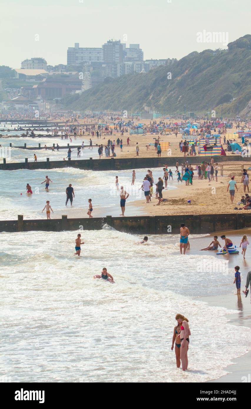 Crowds Of People On Bournemouth Beach Looking Back Towards Bournemouth ...