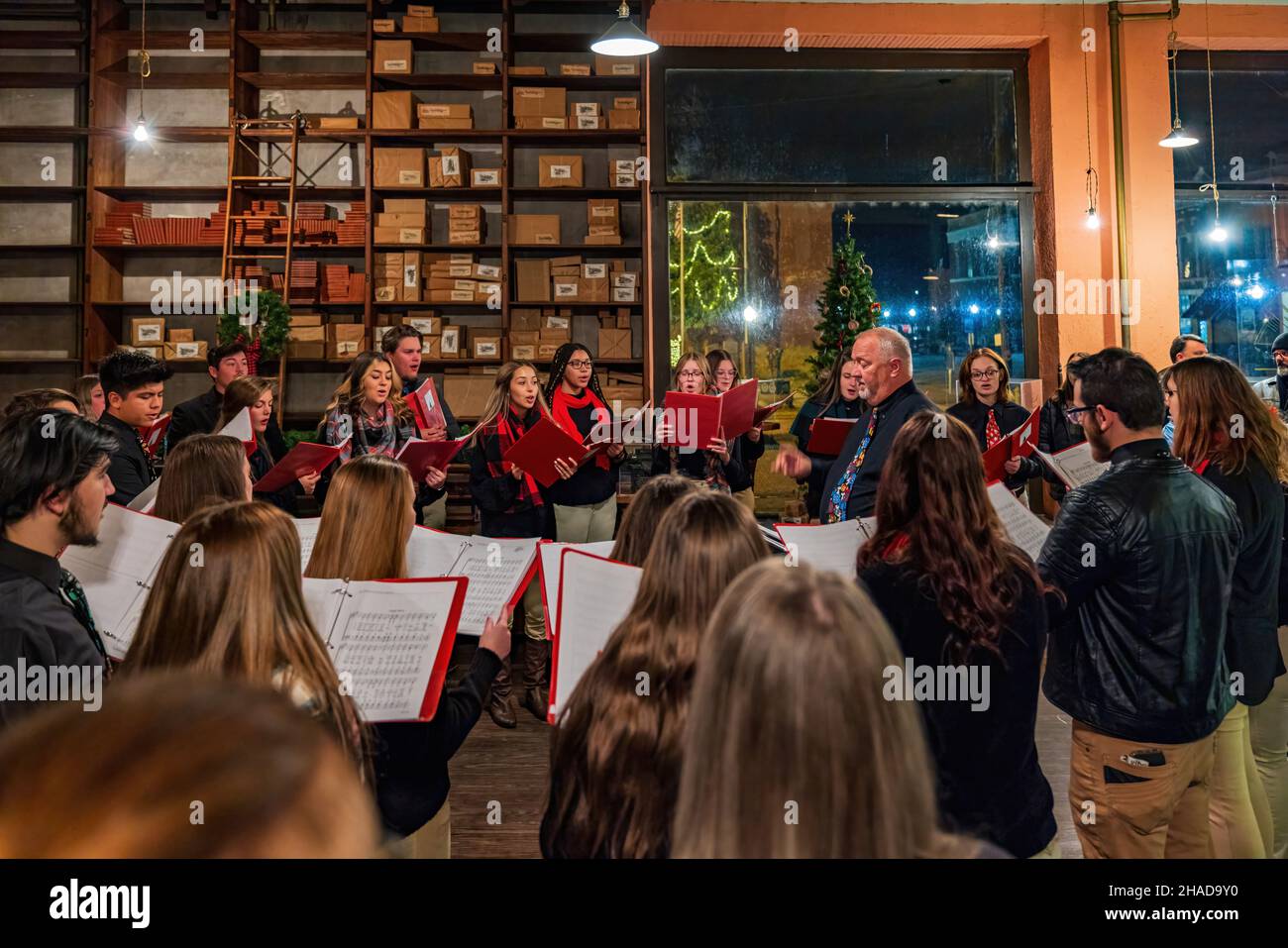 Guthrie, DEC 11 2021 - Night view of the Victorian Walk with people ...