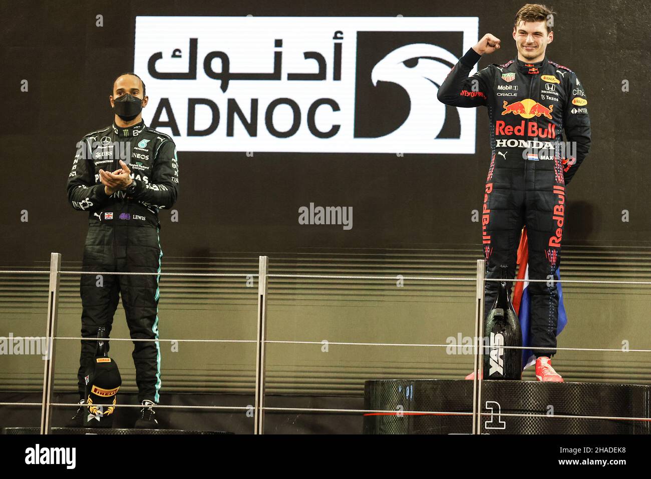 Abu Dhabi, Abu Dhabi. 12th Dec, 2021. Race winner and World Champion Max Verstappen (NLD) Red ...