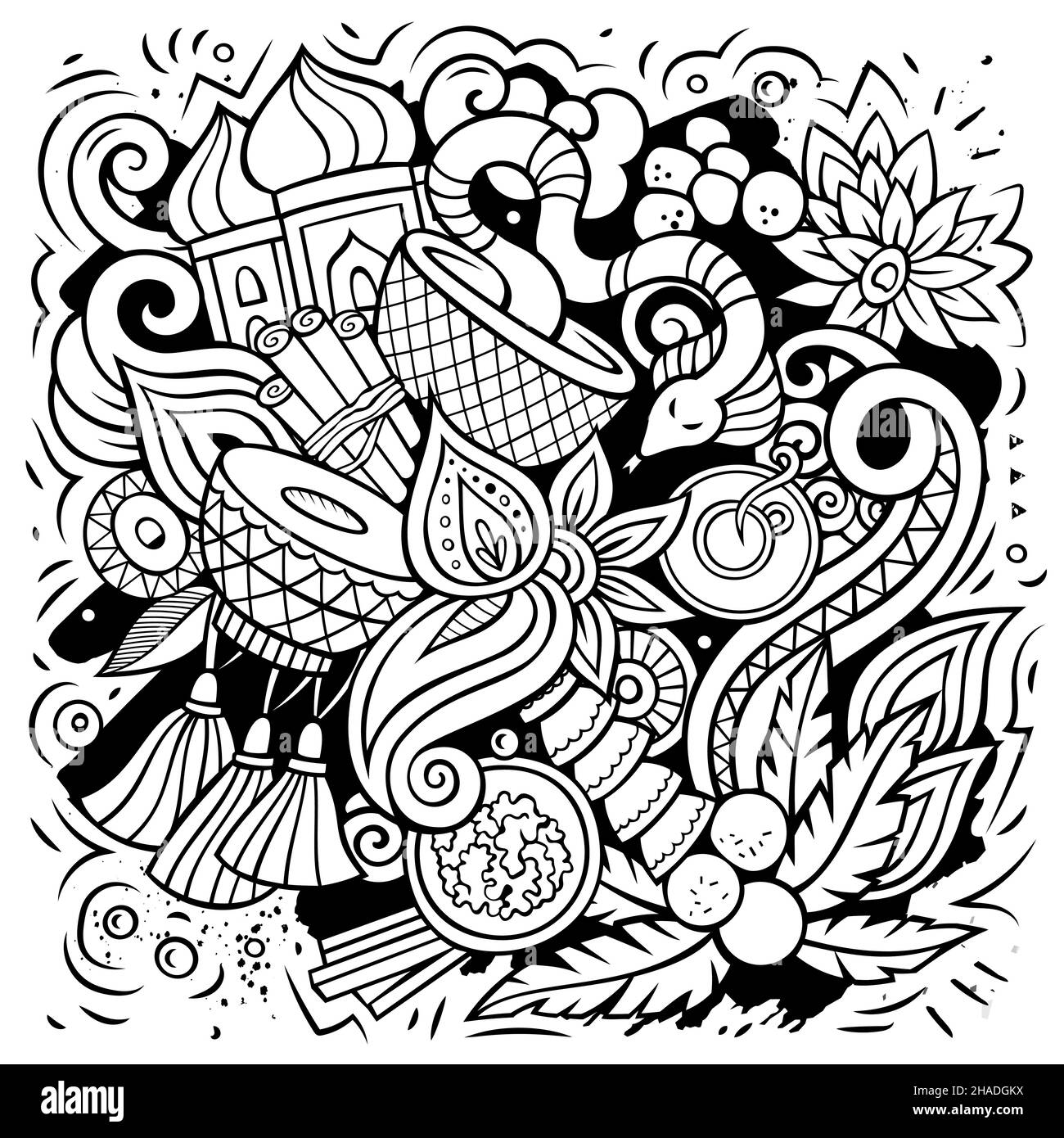 India cartoon vector doodle illustration. Line art detailed composition ...