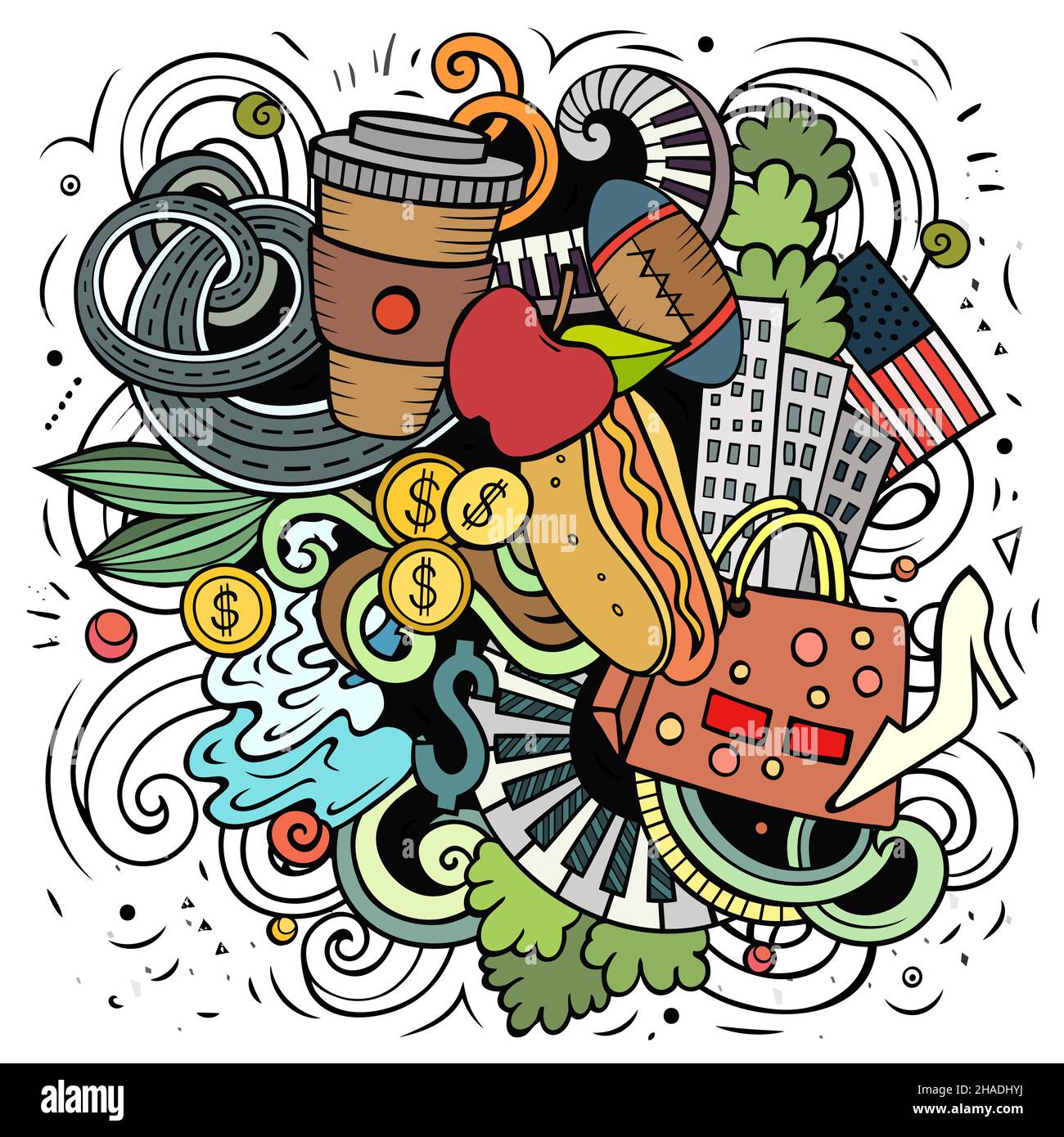 New York cartoon vector doodle illustration. Colorful detailed ...