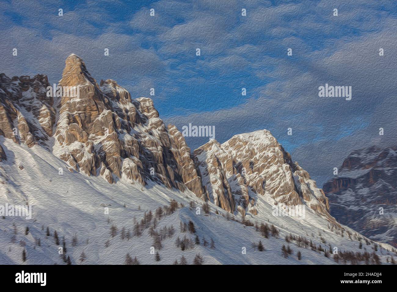Illustration with oil painting technique of dolomite Rocchette ridge ...