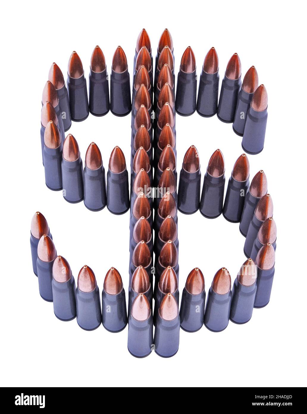 Symbol of the dollar made of bullets isolated on a white background ...