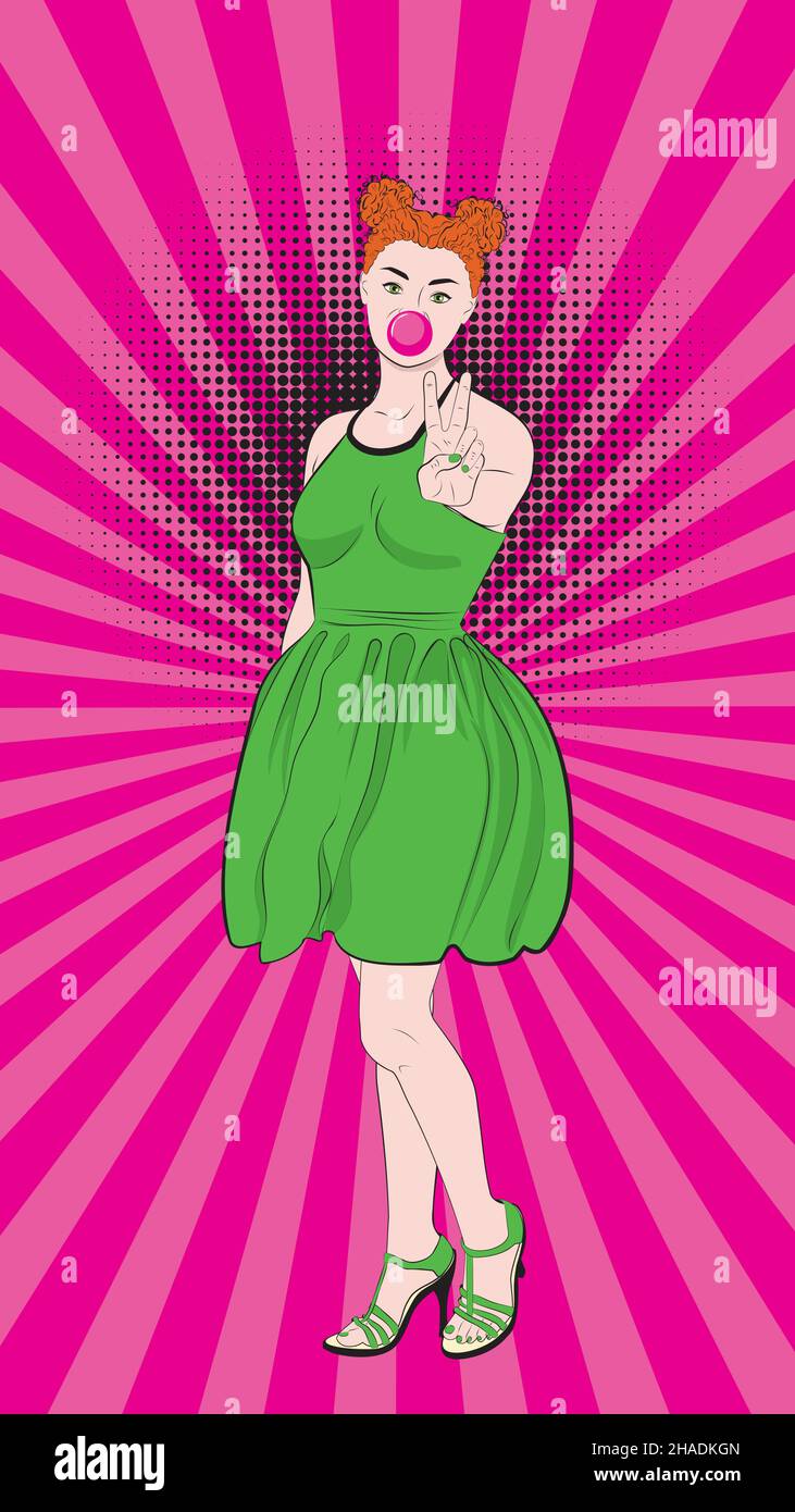 Cartoon young ginger girl showing two fingers up in peace or victory ...