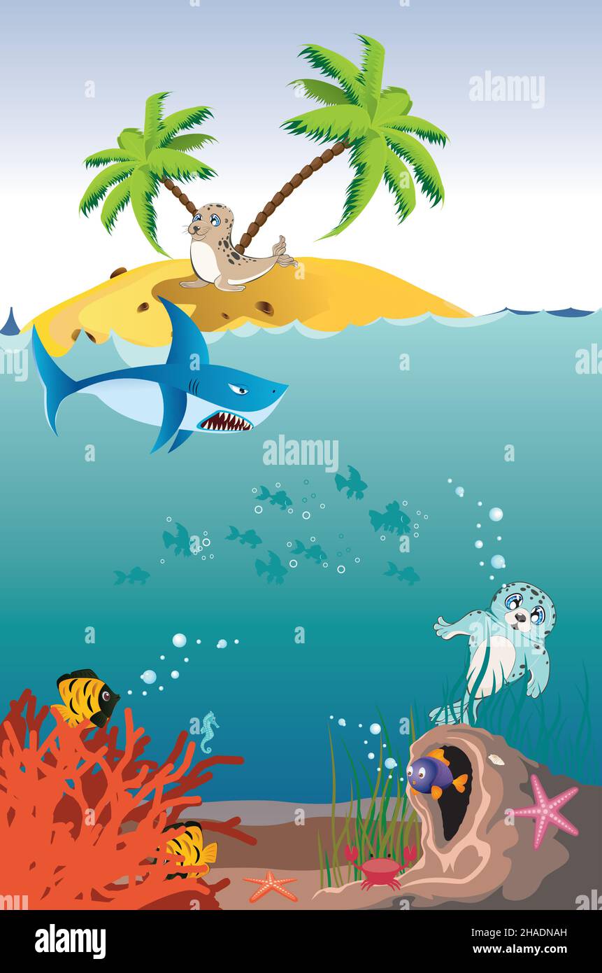 Cartoon palm island and underwater scene with coral reef, small cave ...
