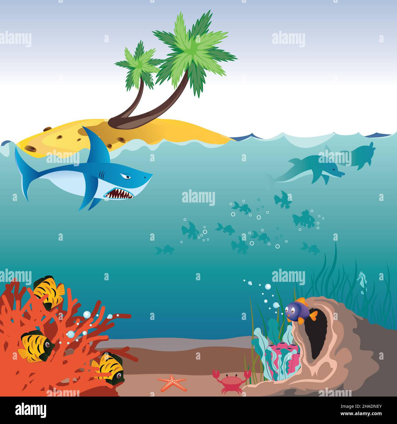 Cartoon palm island and underwater scene with coral reef, small cave ...
