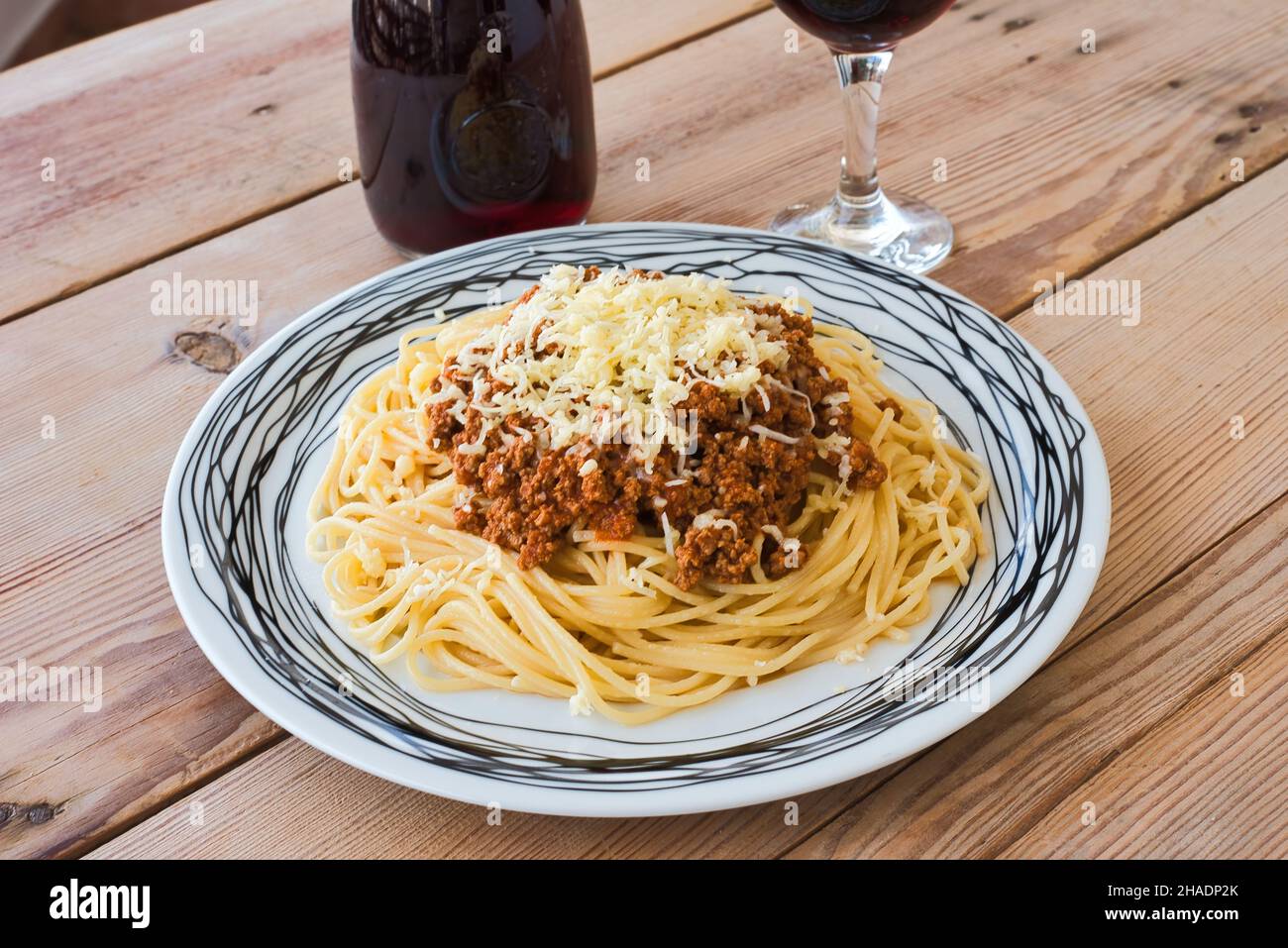Spaghetti Bolognaise topped with minced beef, makaronia me kima in ...