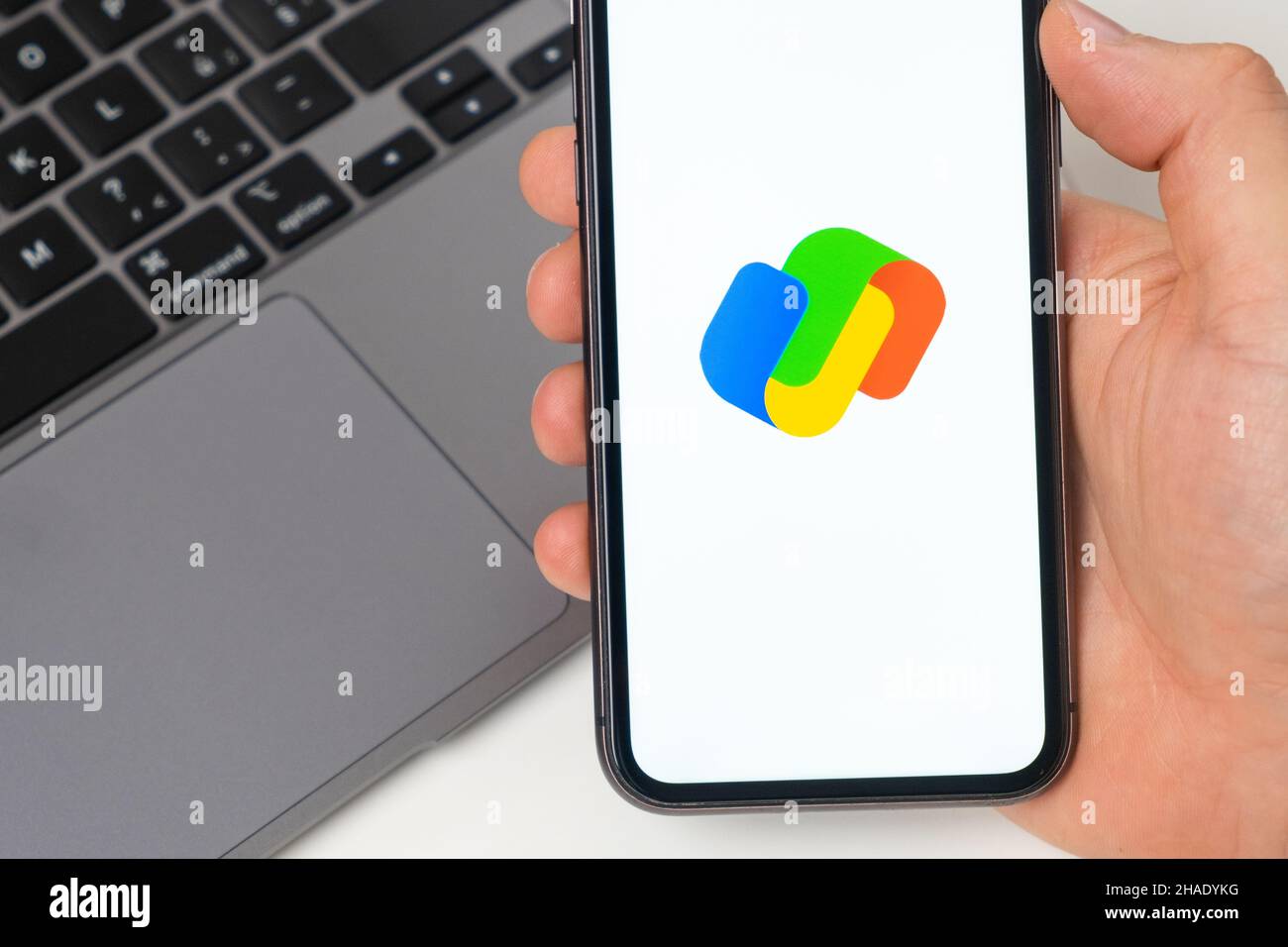 Google Pay financial platform for money transfer using smartphone. Man ...