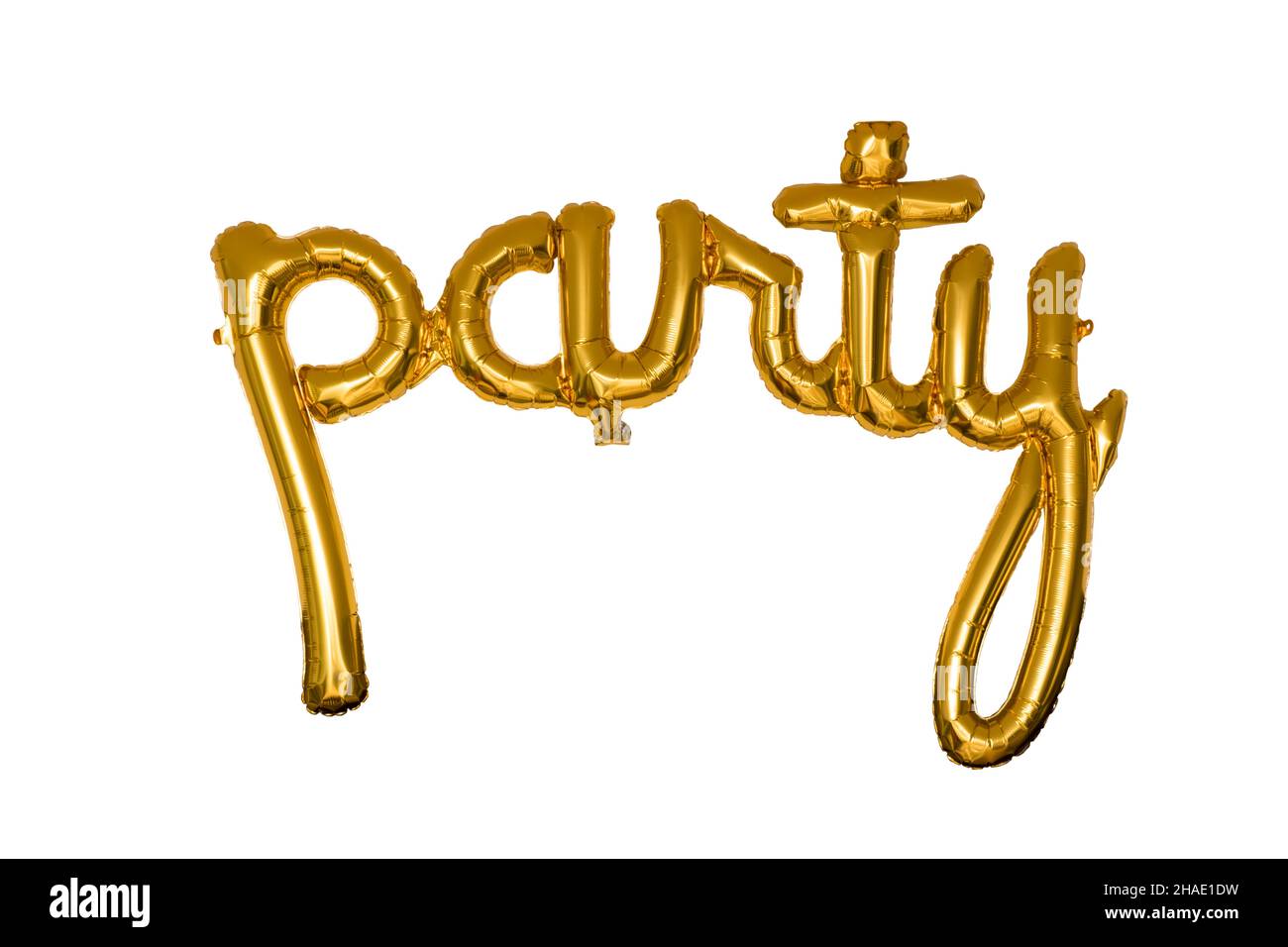 A gold colored balloon spelling the letters party isolated on white ...