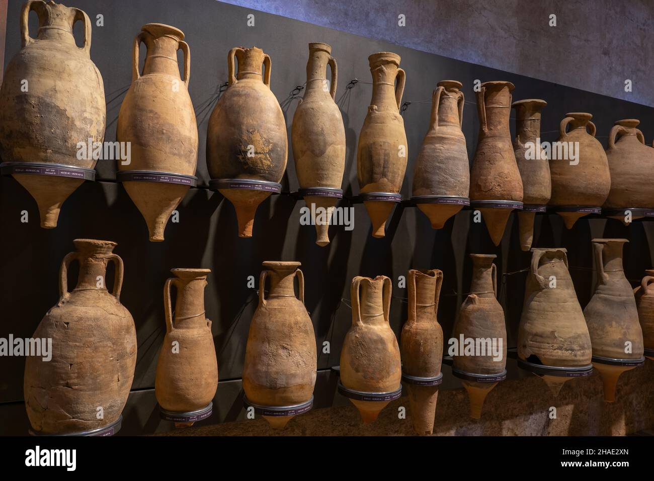 Rome, Italy, collection of assorted ancient amphoras in Museum of the ...