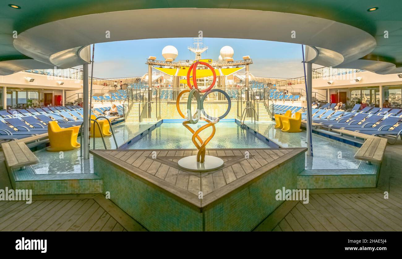 A view of the pool deck inside the cruise ship Costa Fortuna at the ...