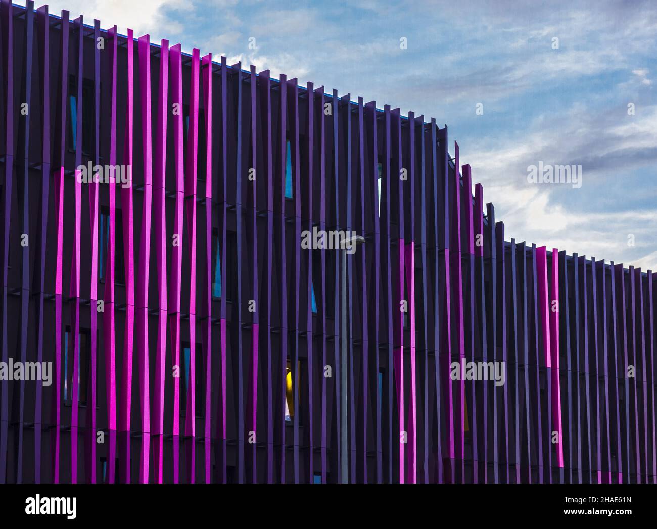 An exterior view of a modern purple-colored building; contemporary ...