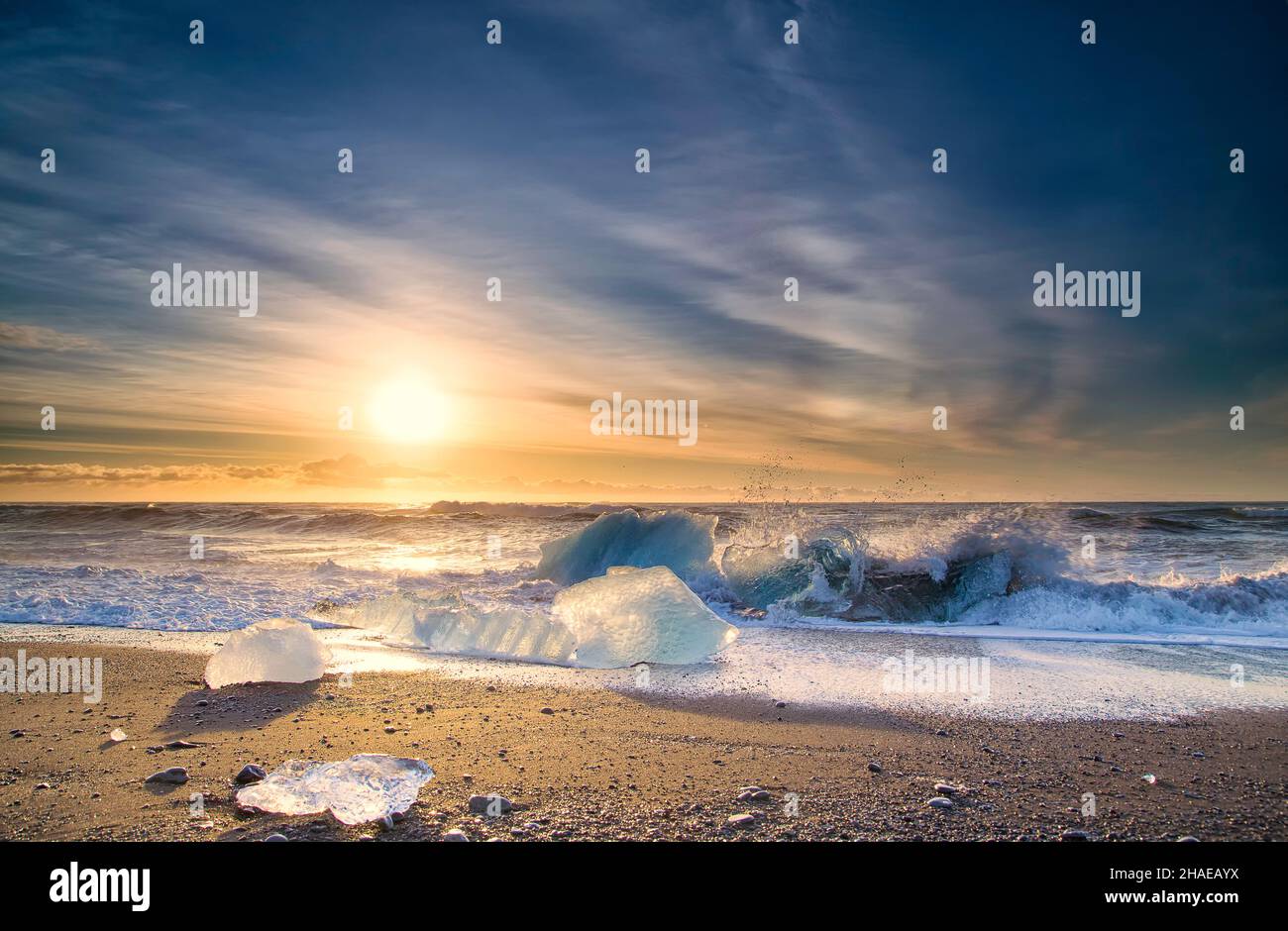 Glacial ice from Icelandic glaciers melting on a beach in Iceland in ...