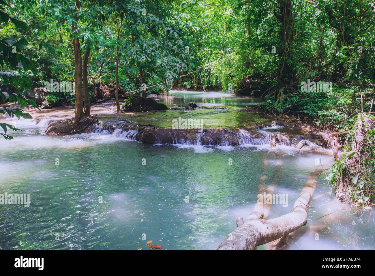 Natural background waterfall. Waterfall Emerald Pool, beautiful deep ...