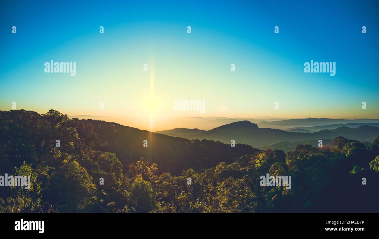 Mountain peaks in fog scenery landscape, Mountain hill sunrise sky ...