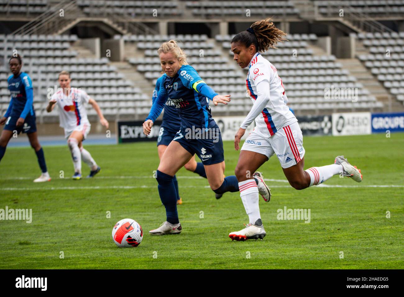Julie Soyer of Paris FC and Catarina Macario of Olympique Lyonnais ...