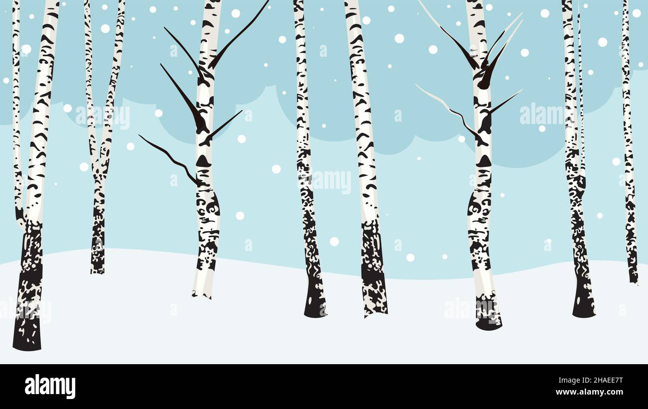 Snowy winter landscape with leafless birch trees illustration Stock ...