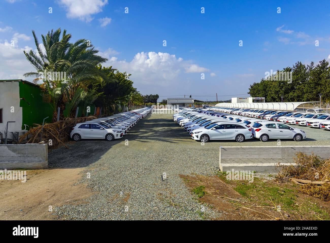 White hire cars parked near Paphos airport, Pafos, Cyprus ...