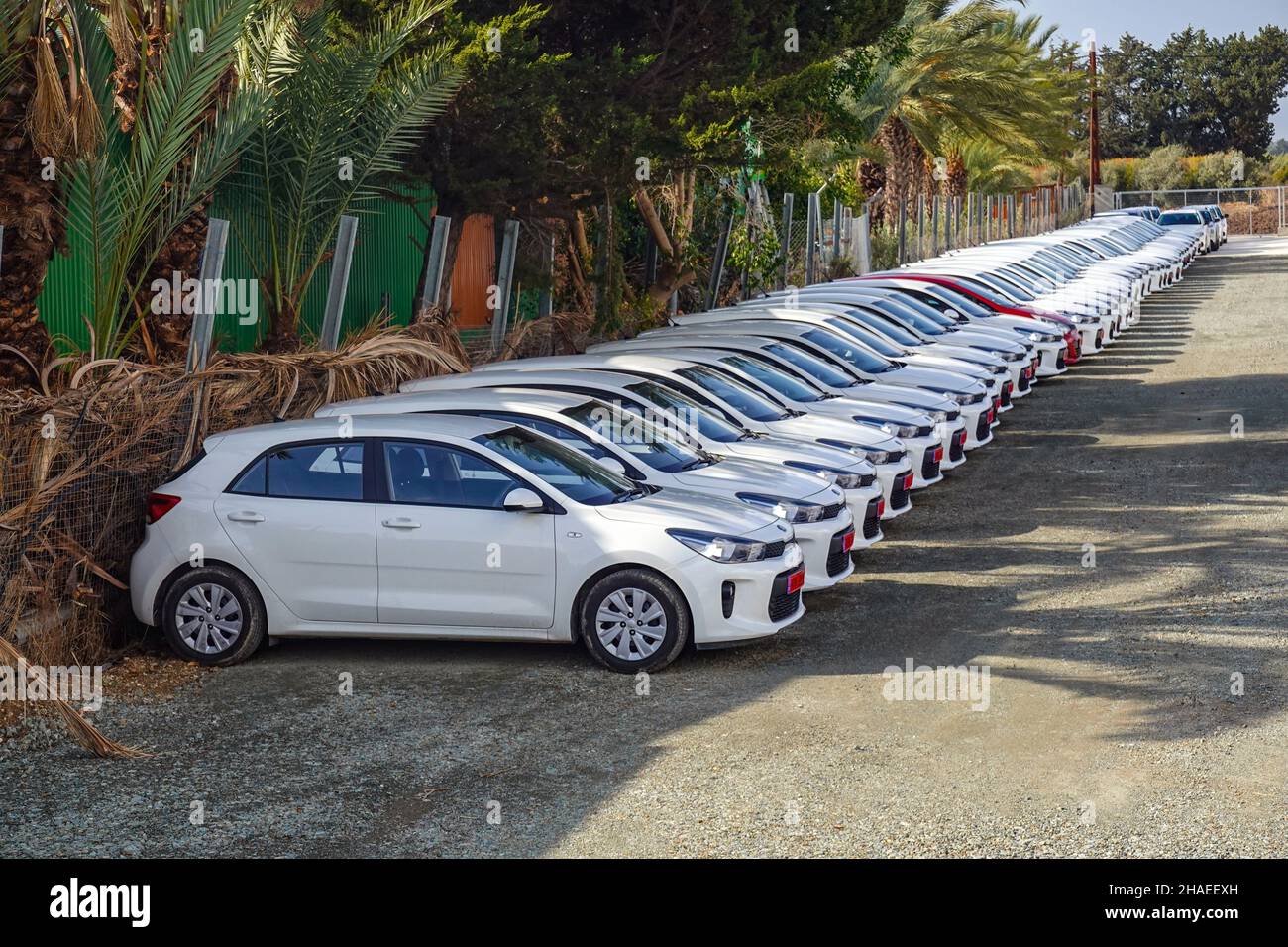 White hire cars parked near Paphos airport, Pafos, Cyprus ...