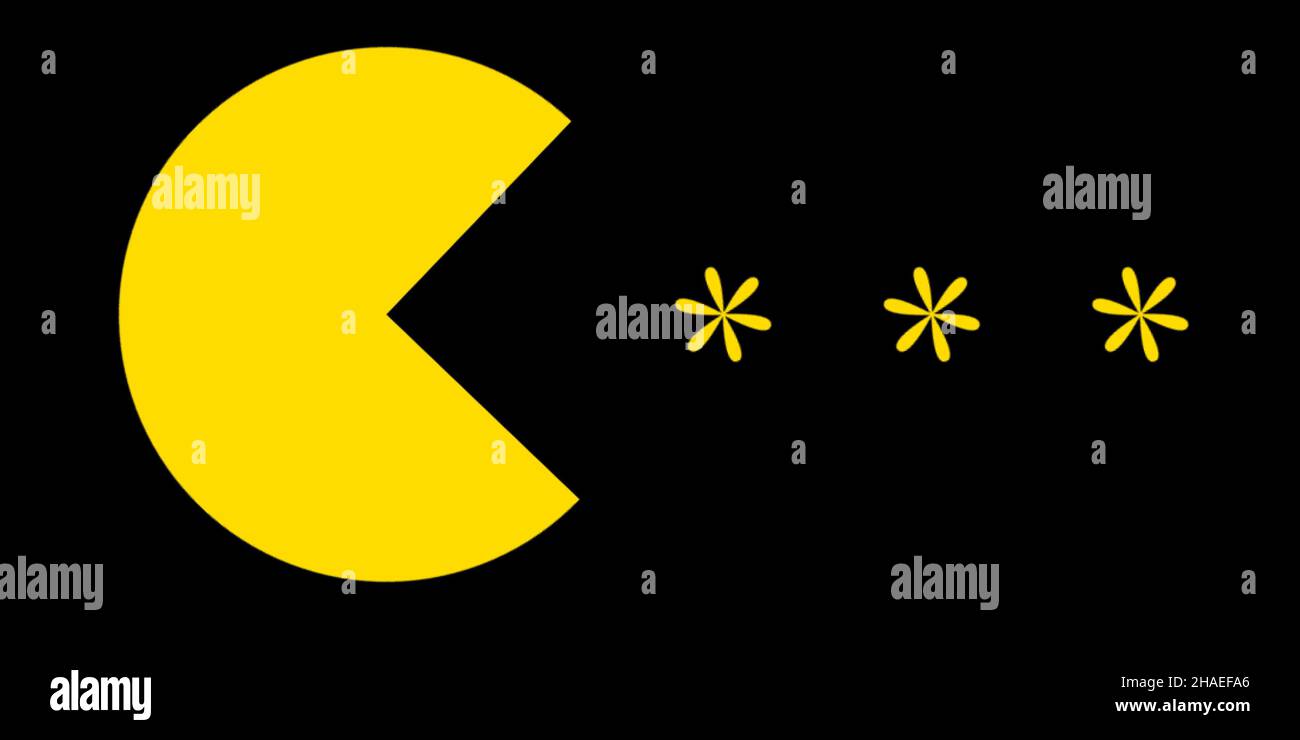 Vegetarian Pac-Man eating flowers, famous video game theme illustration ...