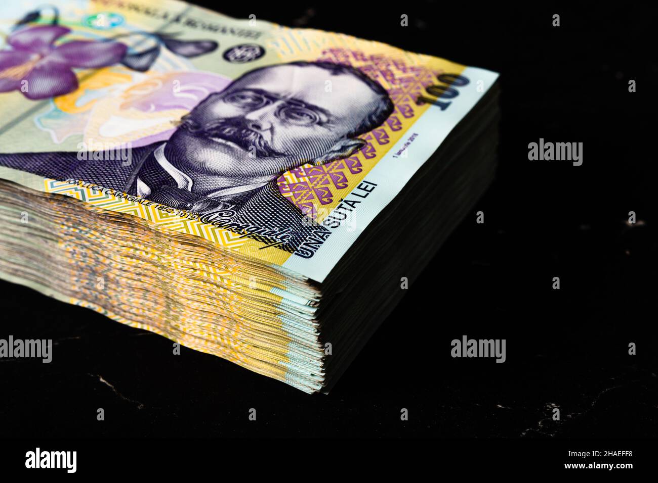 Stack of LEI Romanian money. RON Leu Money European Currency Stock ...