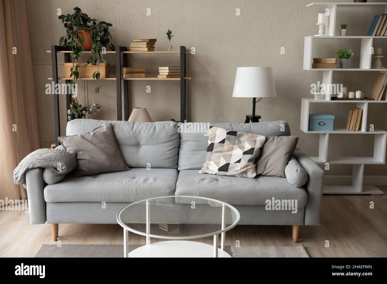 Empty cozy living room with grey comfortable sofa Stock Photo - Alamy