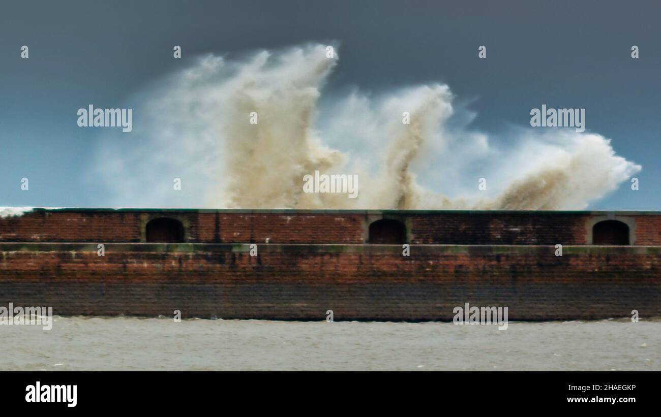 A landscape of a sea wall in a storm in Sunderland, UK Stock Photo - Alamy