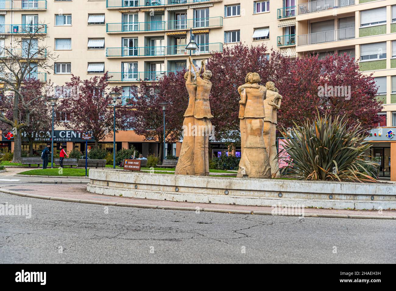 Ronde Point traffic circle in Saint Chamond, France. The river Gier ...