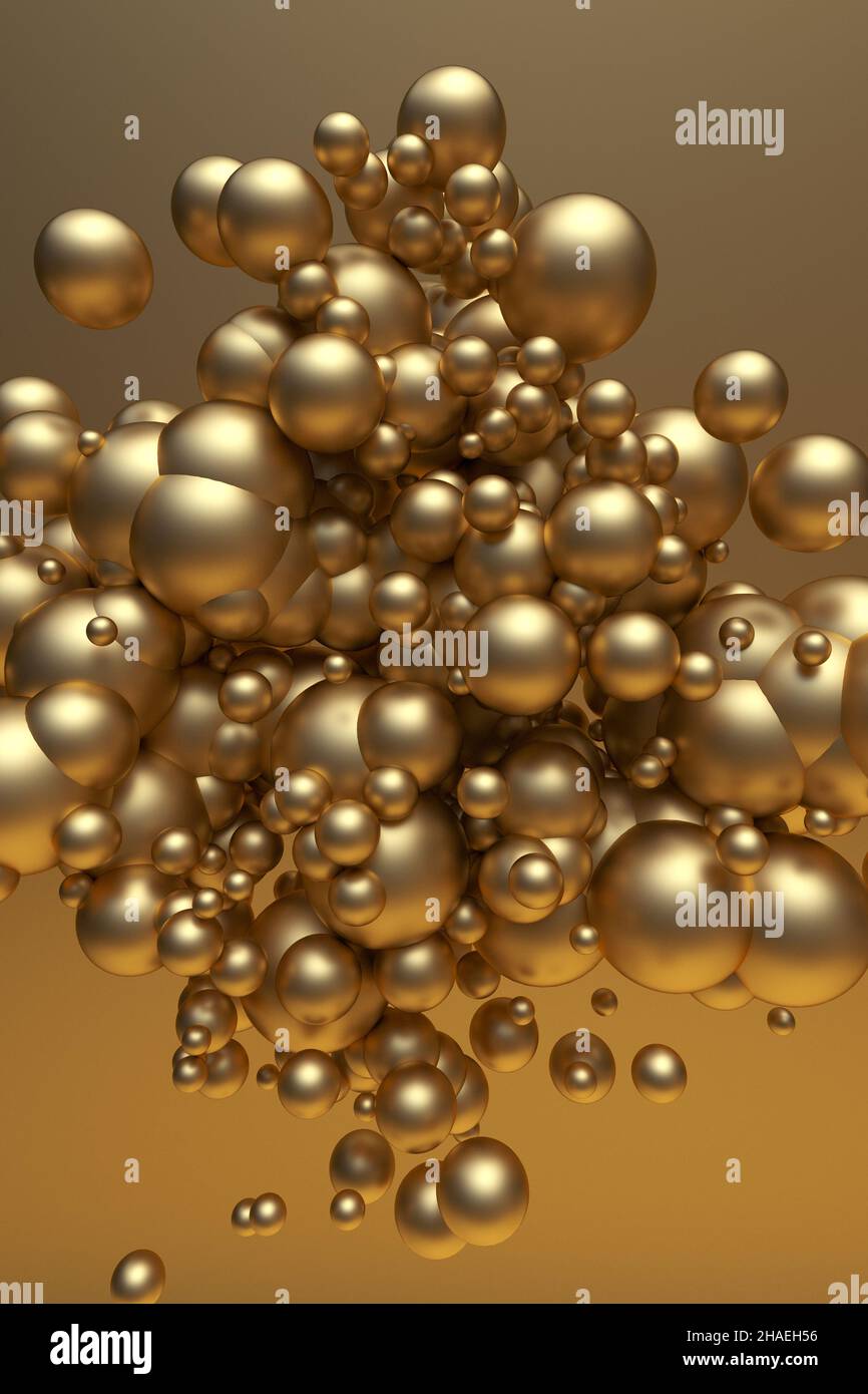 3D golden liquid bubbles floating in air. Concept for holiday template ...