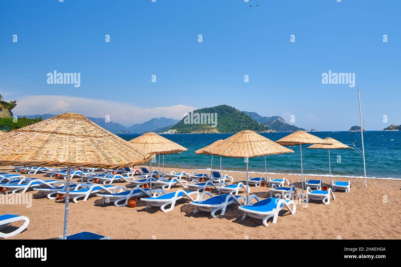 sandy beach without people and with sun loungers, umbrellas, palm trees ...