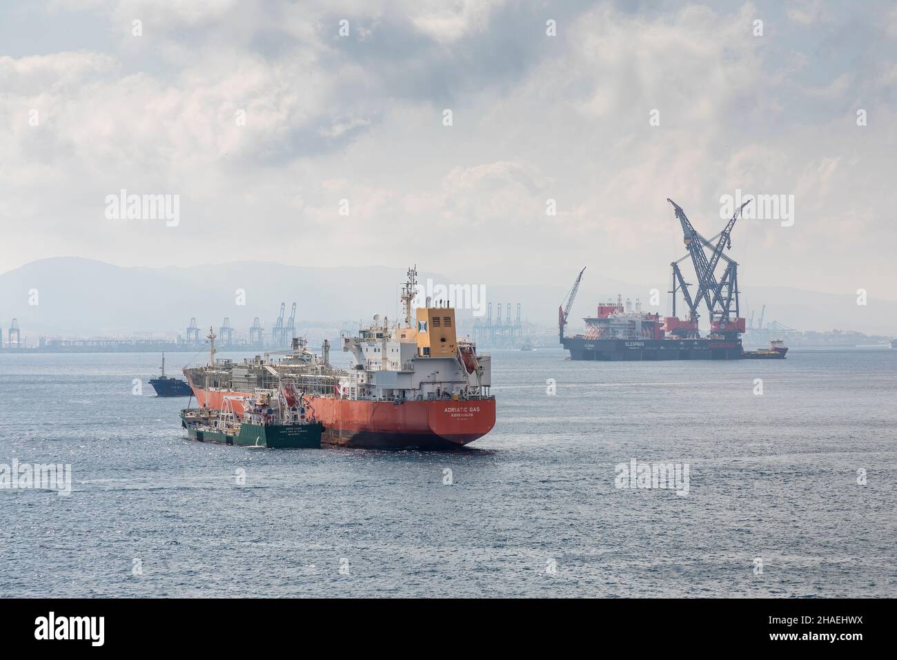 Shipping moored in the bay of Gibraltar with the Adriatic Gas ship ...