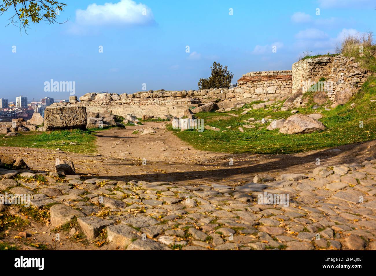 Plovdiv, Bulgaria cityscape view of city and the ruins of the old ...