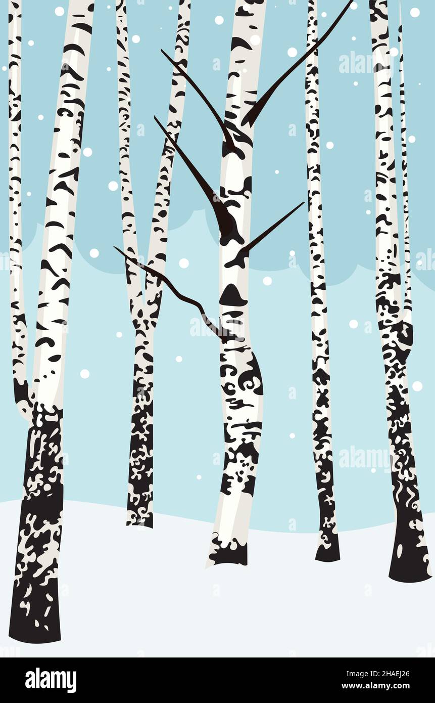 Snowy winter landscape with leafless birch trees illustration Stock ...
