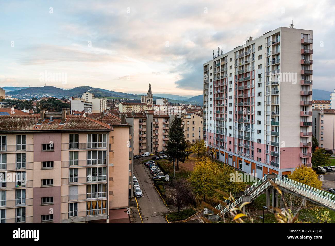 View over the modern city of Saint-Chamond from the top of the hill of ...