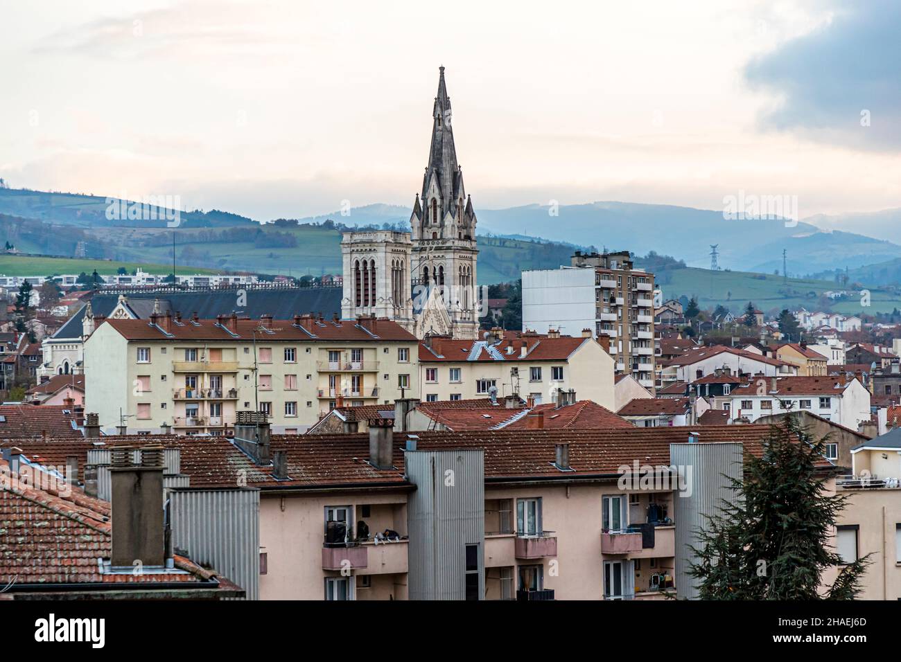 View over the modern city of Saint-Chamond from the top of the hill of ...