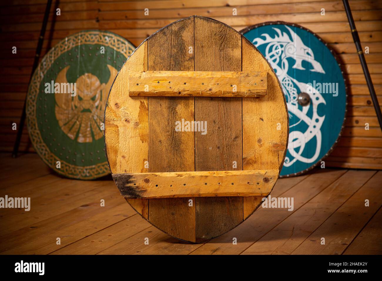 SUCEAVA, ROMANIA - Apr 11, 2019: The three wooden medieval shields ...