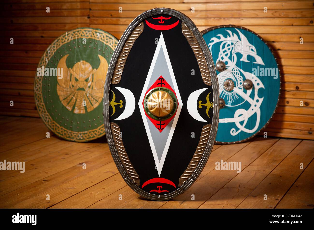 SUCEAVA, ROMANIA - Apr 11, 2019: The three wooden medieval shields ...