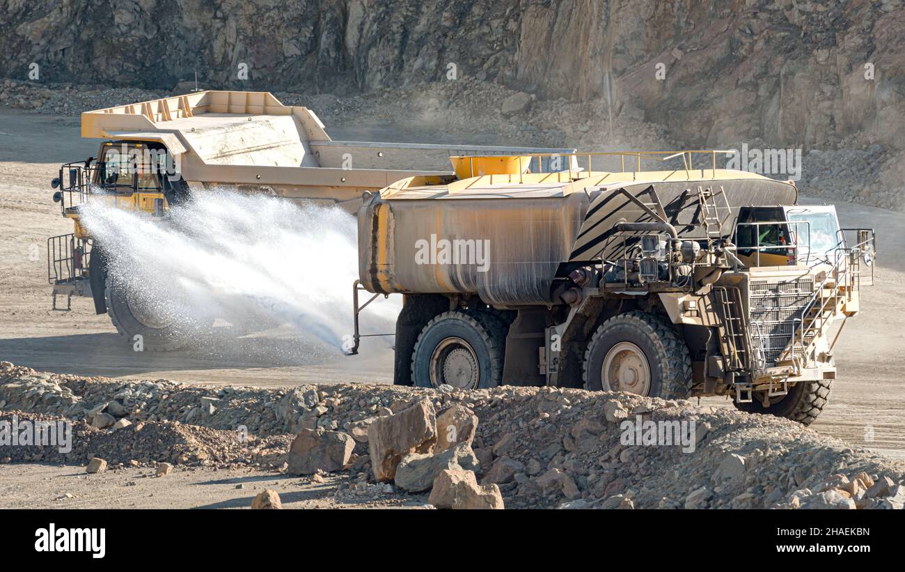 Mine irrigation truck and yellow bulldozer for mineral extraction Stock ...