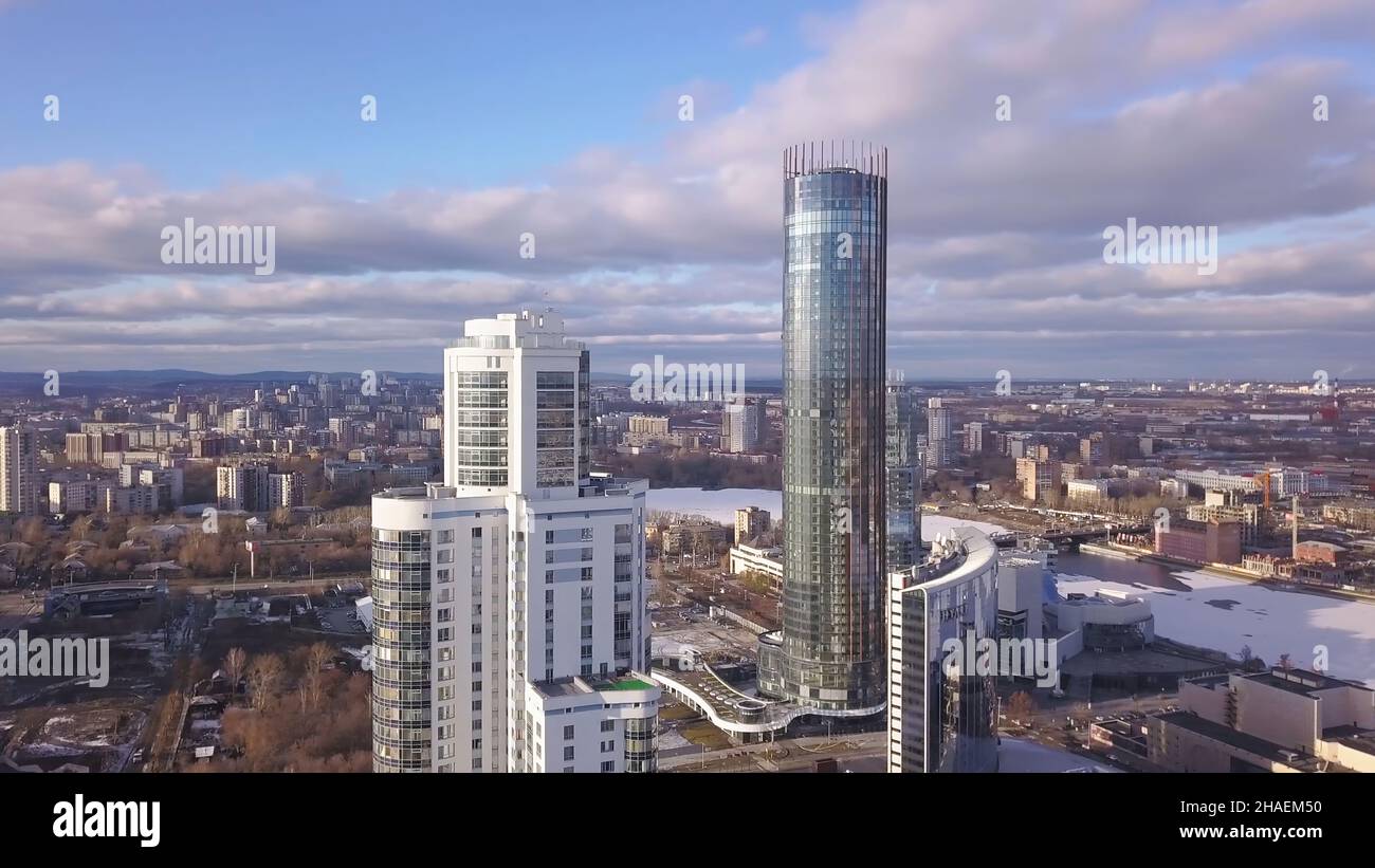 Aerial view apartment buildings complex and residential houses ...