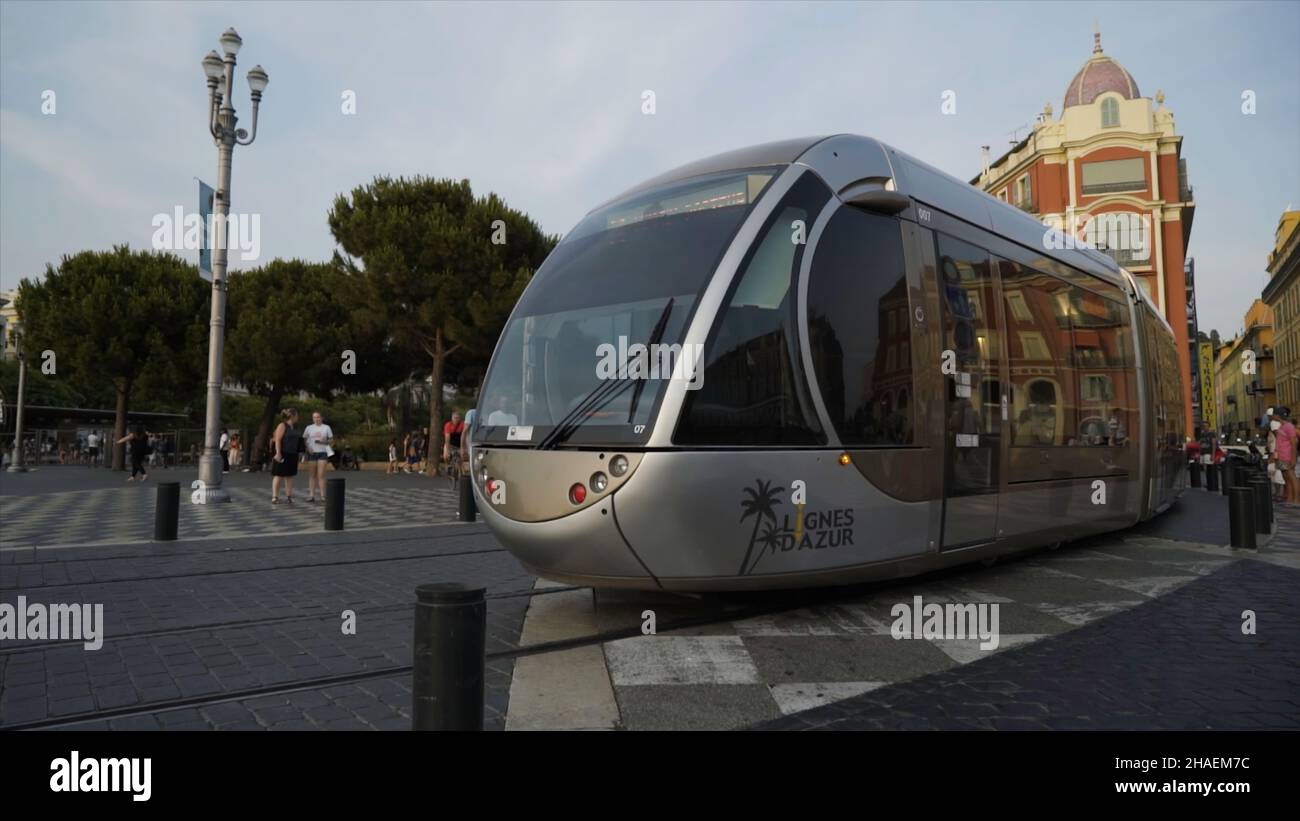 France, Paris - June, 2019: Modern trams riding along rails. Action ...