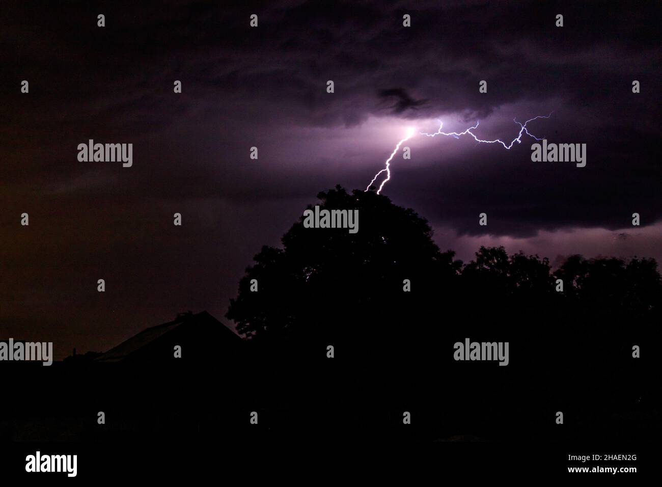 A lightning thunderstorm flash in the cloudy sky over the field with ...