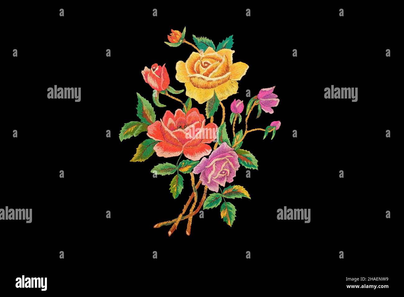 roses embroidered with colored threads isolated on black background ...