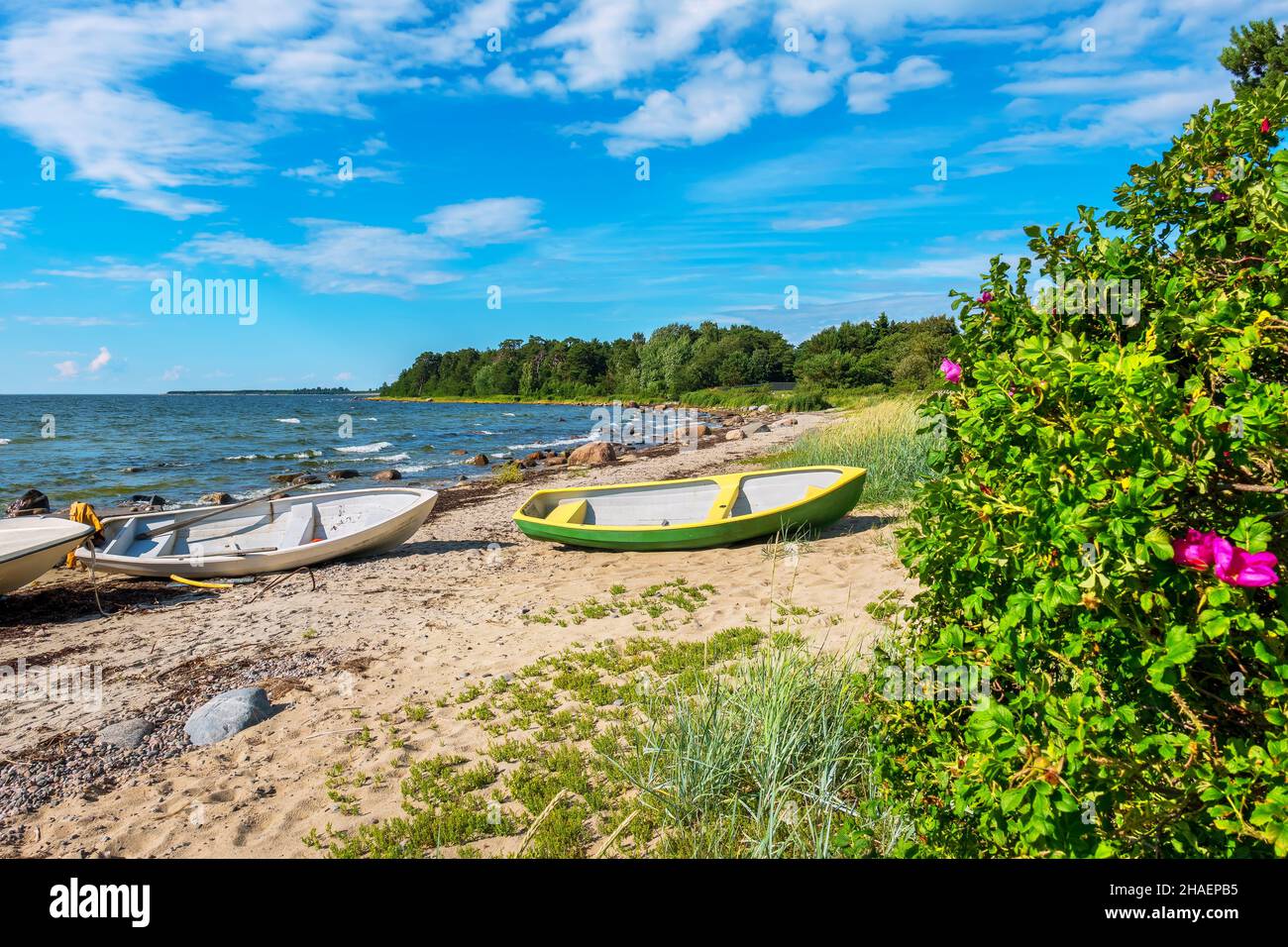 Scenic view of Baltic Sea coast with fishing boats. Kaberneeme, Estonia ...
