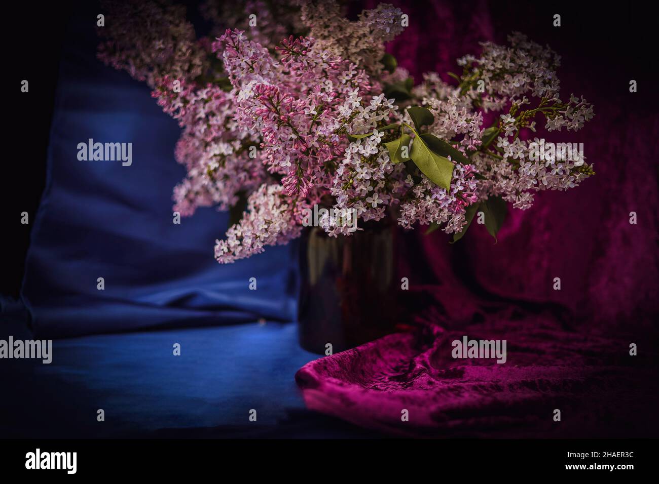 Dark vintage still life with beautiful branches of lilac Stock Photo ...