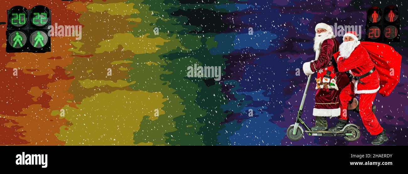 New Year's collage. Two Santa Clauses on a scooter and a bicycle with ...