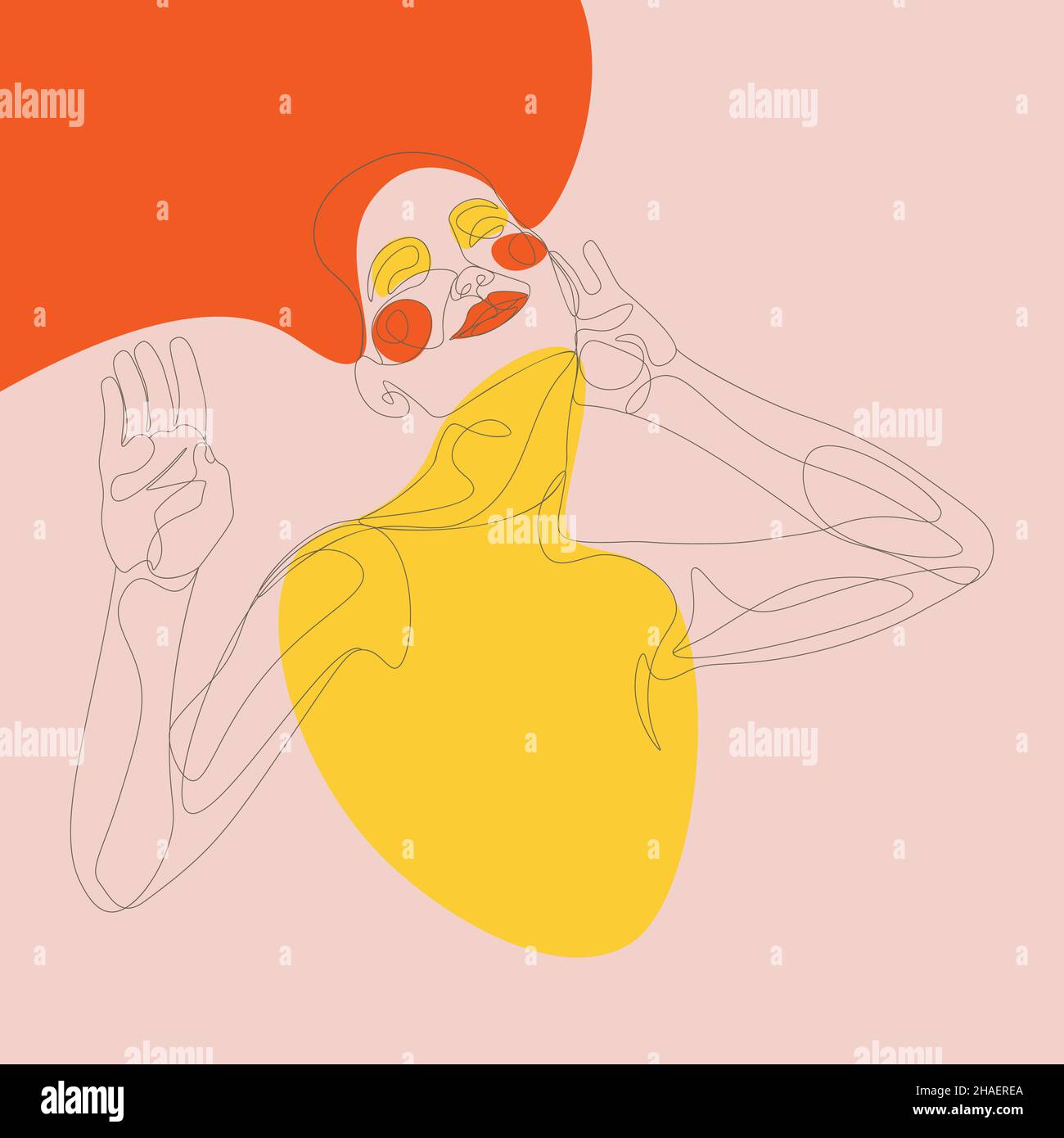 Abstract colorful line art portrait of a woman smiles with closed eyes ...