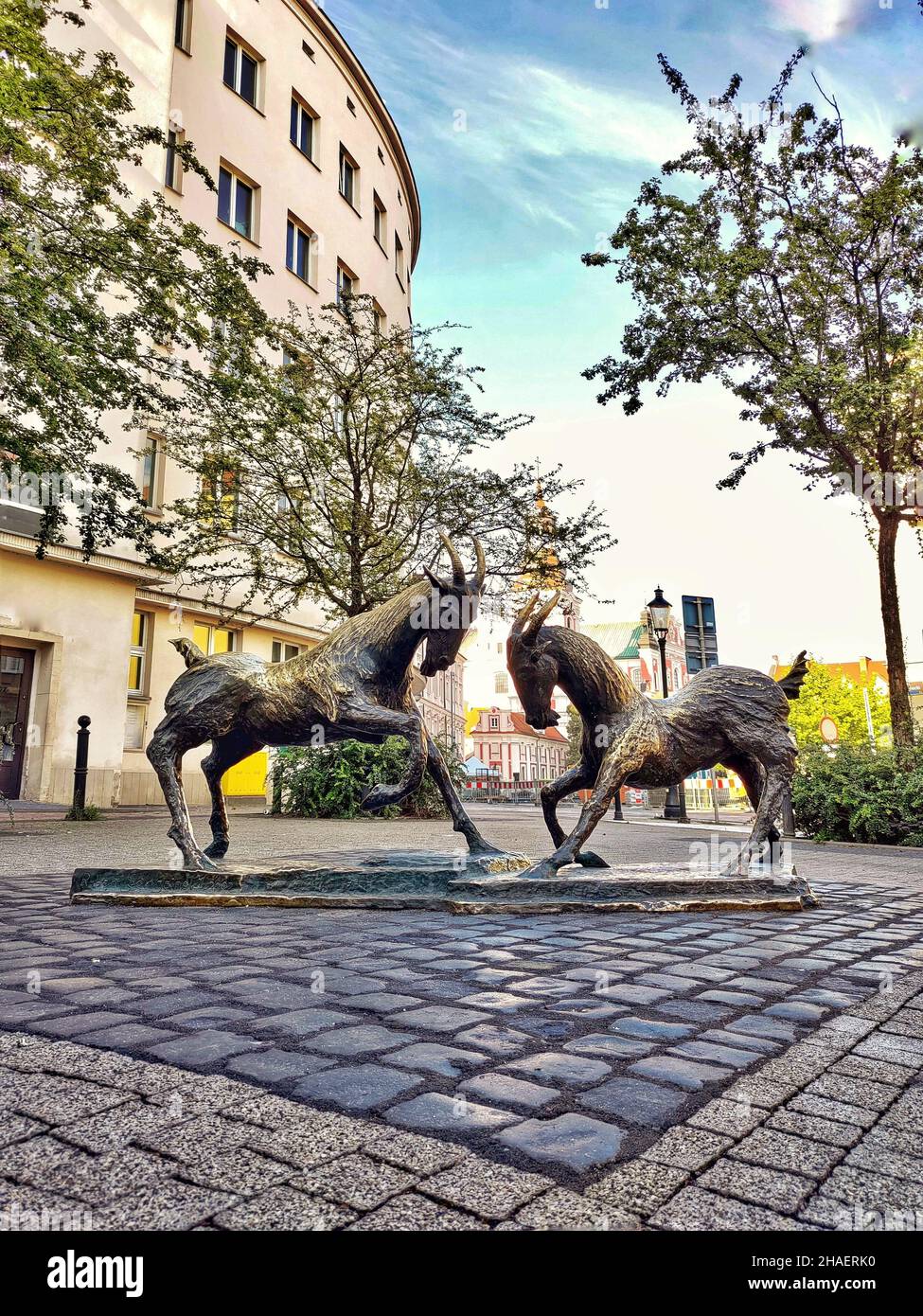 POZNAN, POLAND - Aug 28, 2021: A vertical shot of the goats' statue ...