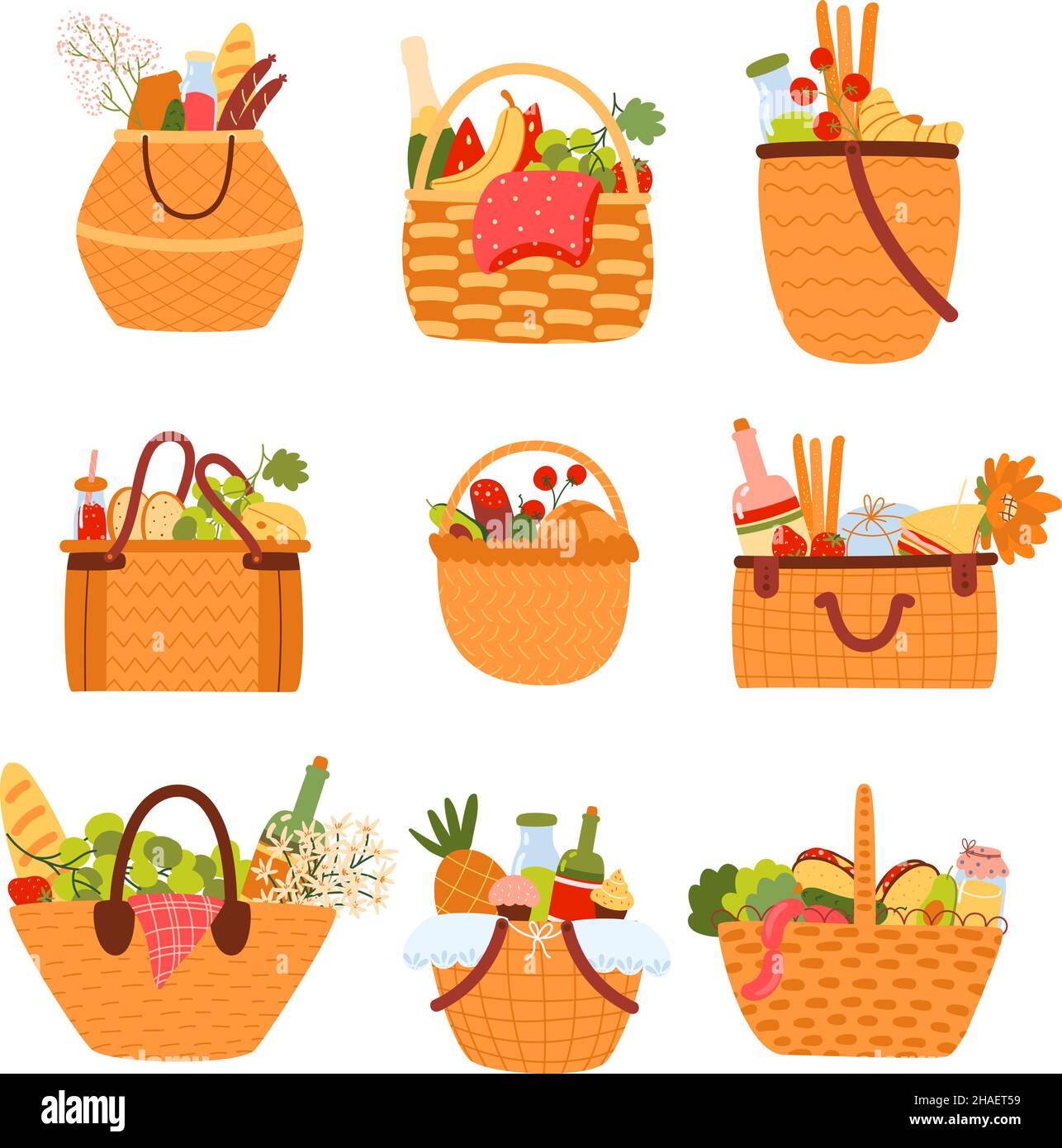 Picnic baskets. Different wicker bags with foods, family and romantic ...