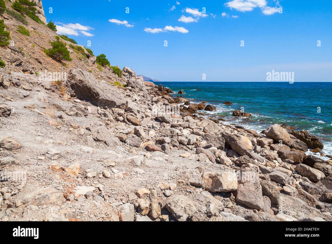 Summer Crimean landscape. Rocky Black Sea coast. Novyi Svit, Sudak ...