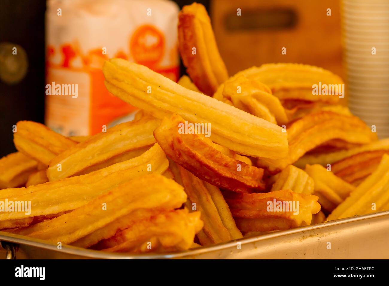 A selective focus of Fritter churros a typical dessert of Spanish ...